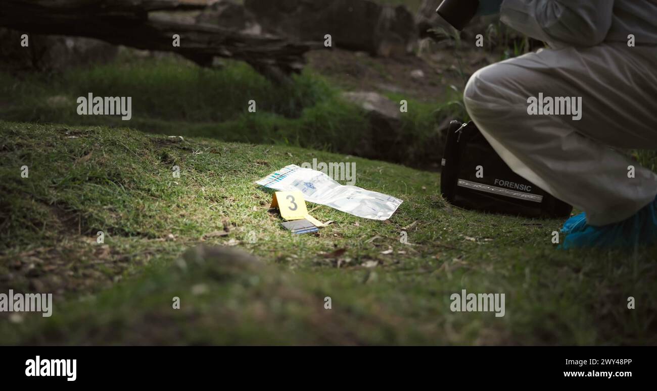 Csi, photographer and evidence at crime scene for investigation in ...