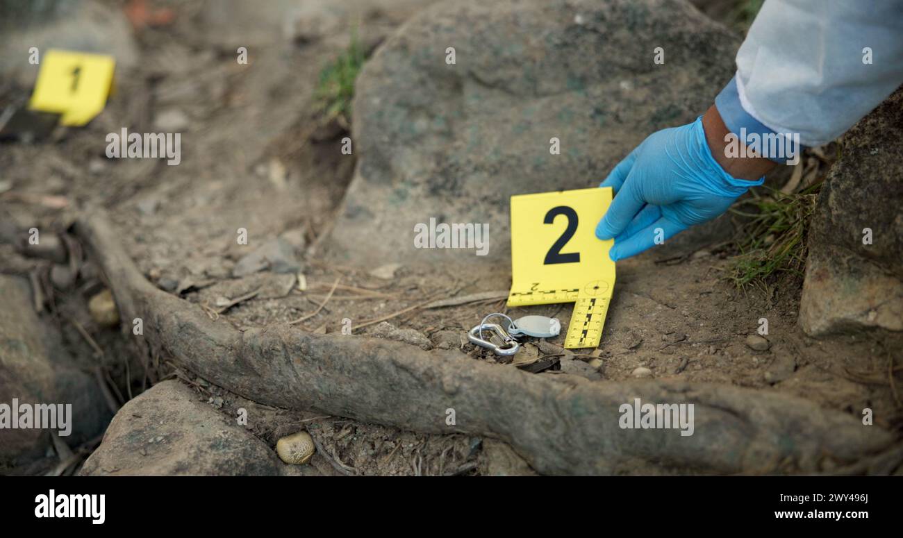 Hands, evidence marker and csi for investigation at crime scene with ...