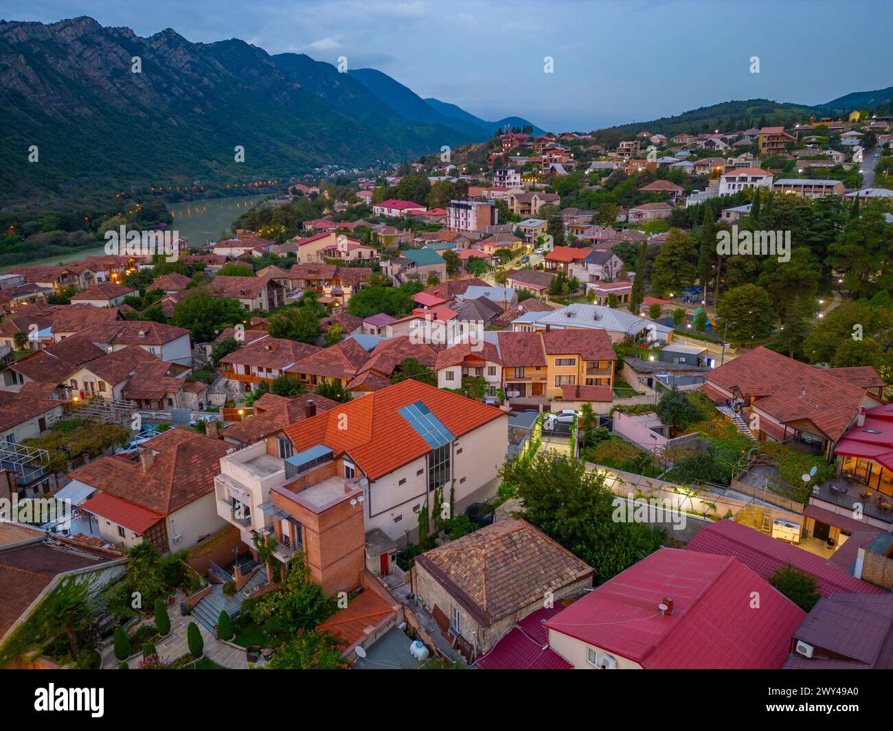 Panorama view of Mtskheta at confluence of Mtkvari and Kura rivers in ...