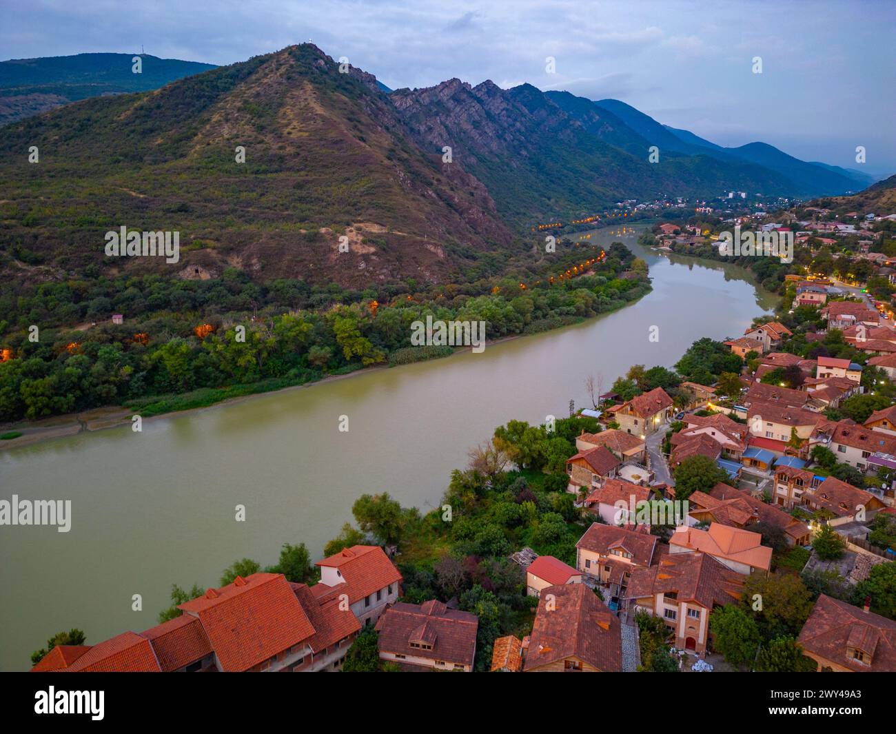 Panorama view of Mtskheta at confluence of Mtkvari and Kura rivers in ...