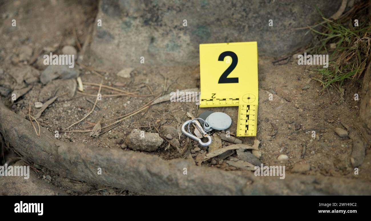 Closeup, evidence marker and forensic for investigation at crime scene ...