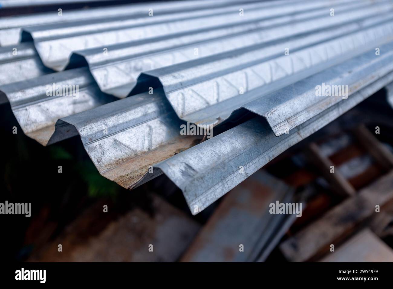 View of corrugated metal deck roof system ready to be installed on a ...