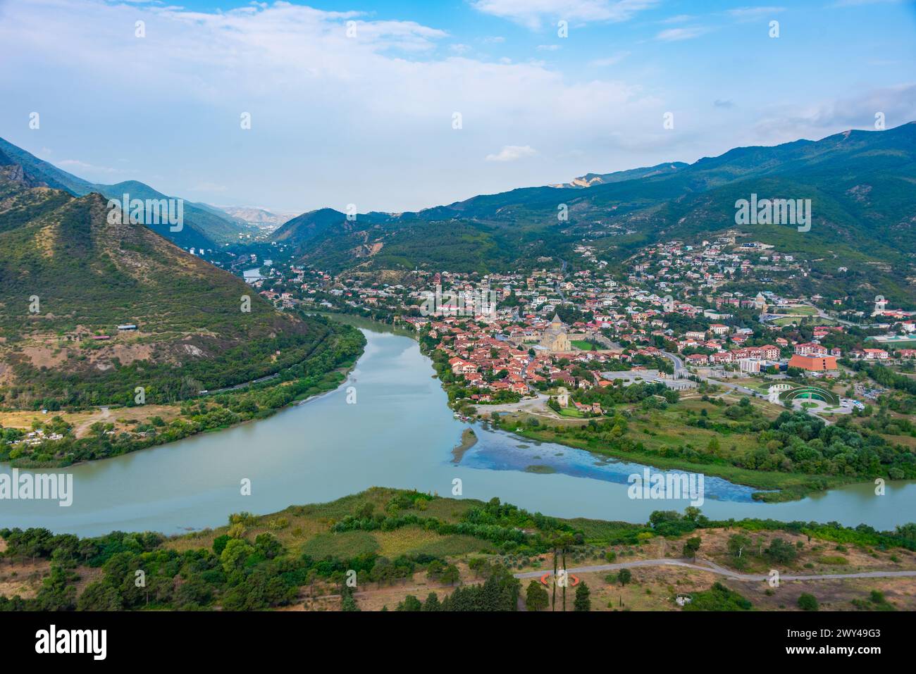 Panorama view of Mtskheta at confluence of Mtkvari and Kura rivers in ...
