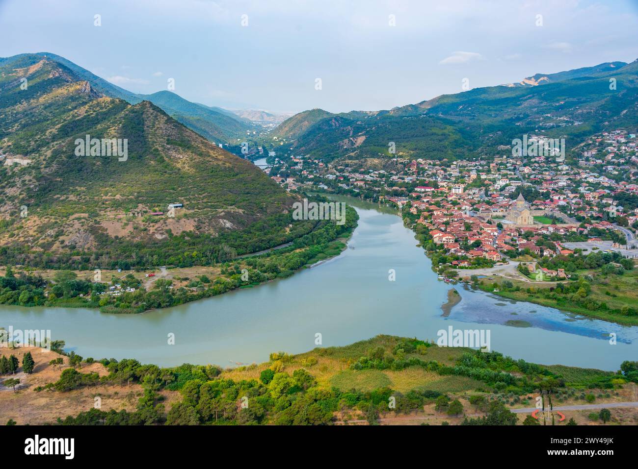 Panorama view of Mtskheta at confluence of Mtkvari and Kura rivers in ...