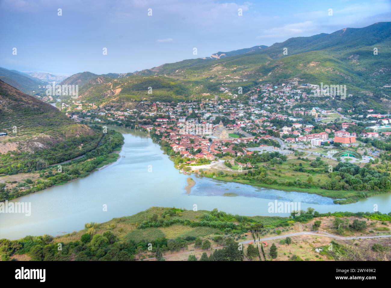 Panorama view of Mtskheta at confluence of Mtkvari and Kura rivers in ...