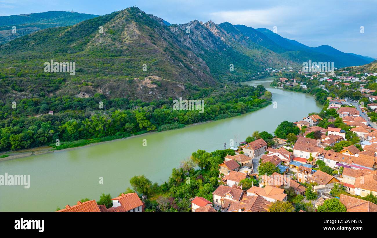 Panorama view of Mtskheta at confluence of Mtkvari and Kura rivers in ...