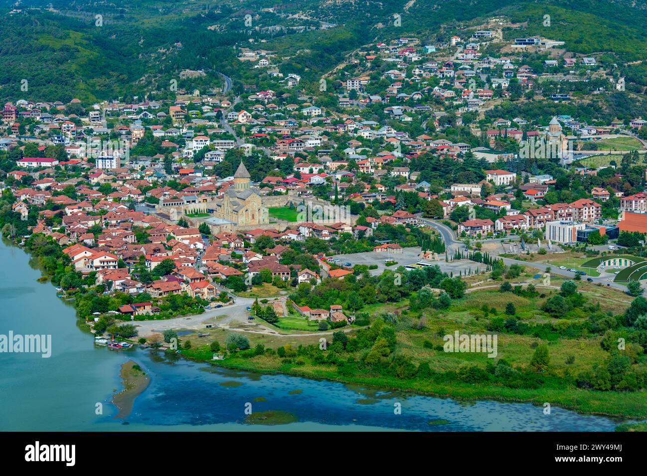 Panorama view of Mtskheta at confluence of Mtkvari and Kura rivers in ...