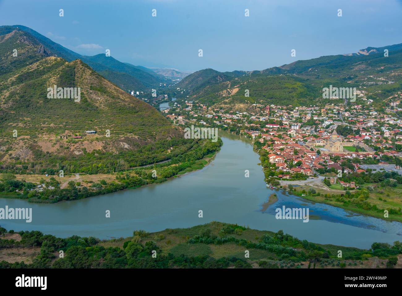 Panorama view of Mtskheta at confluence of Mtkvari and Kura rivers in ...