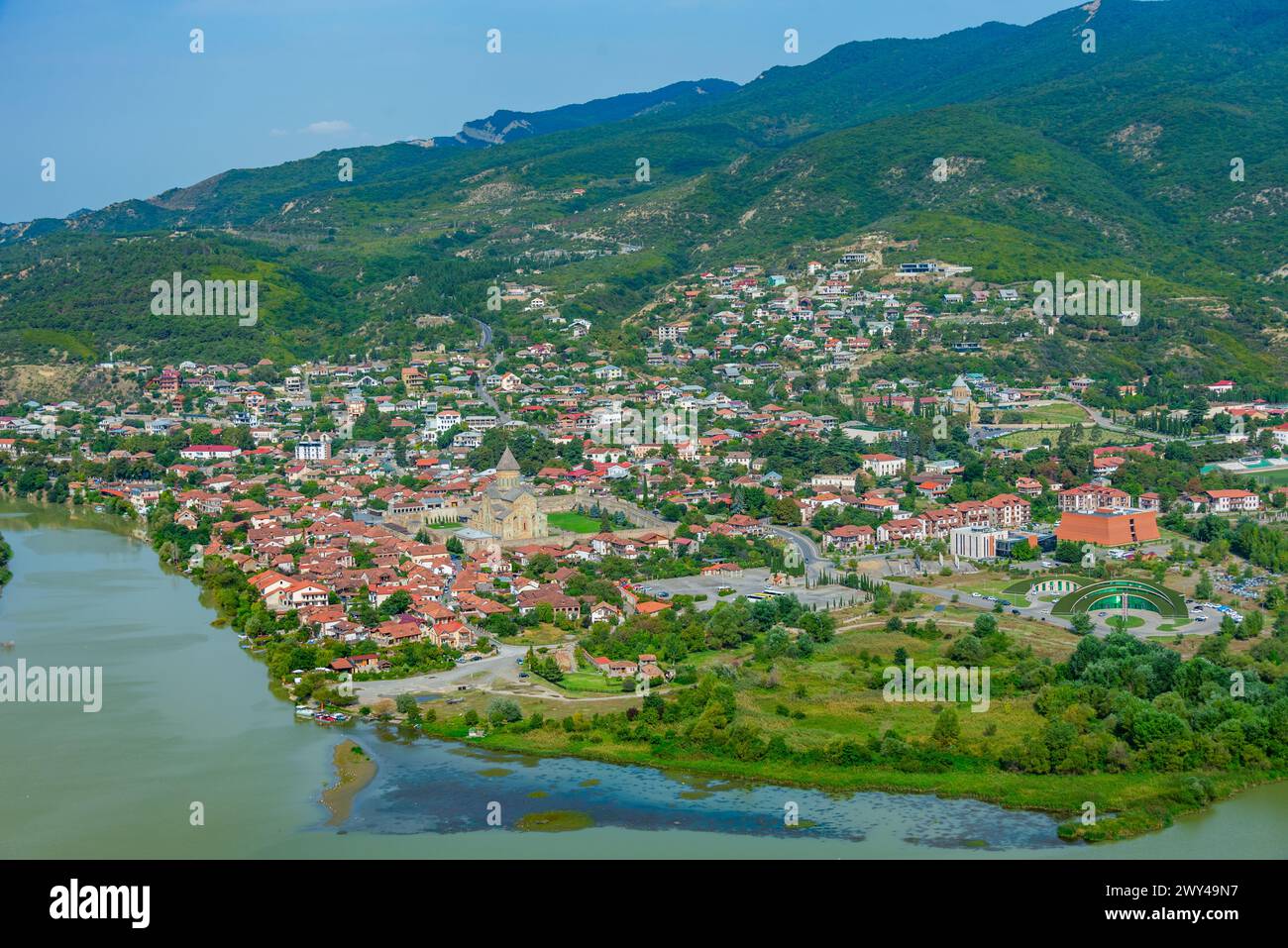 Panorama view of Mtskheta at confluence of Mtkvari and Kura rivers in ...