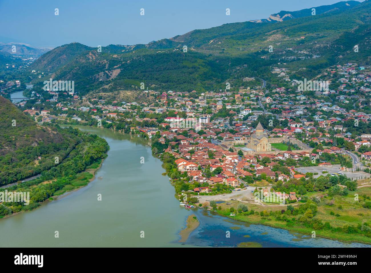 Panorama view of Mtskheta at confluence of Mtkvari and Kura rivers in ...