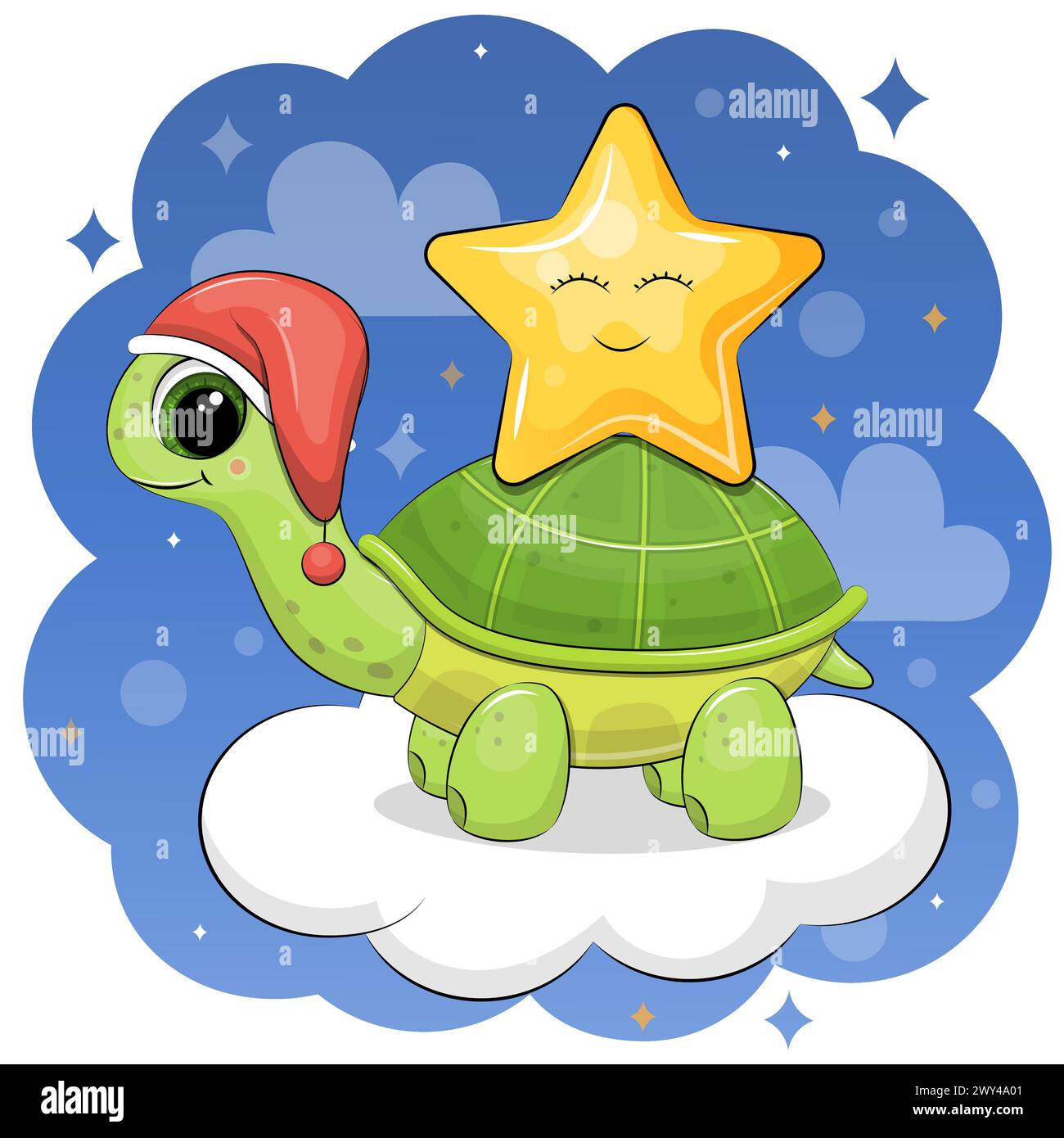 Cute cartoon turtle with a yellow star on a cloud. Night vector ...