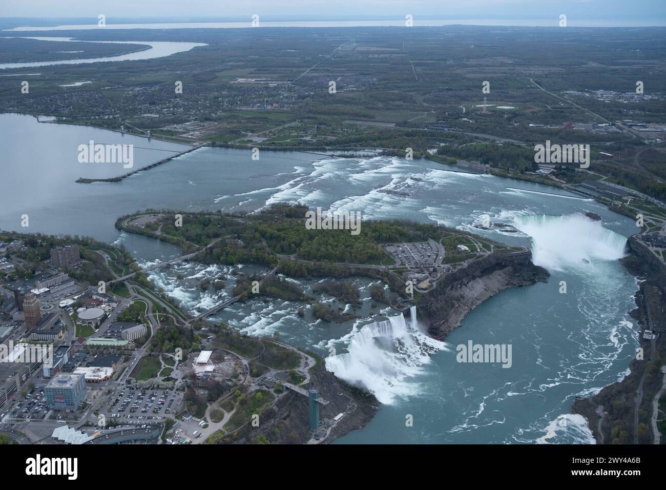 Aerial view of Niagara Falls from the Niagara River, the natural border between the province of ...
