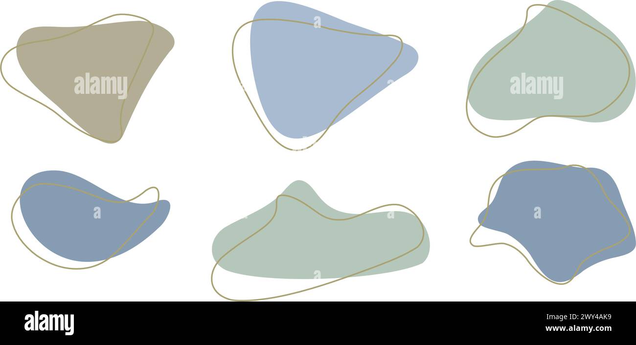 Set of organic irregular blob shapes with stroke line. Blue gray random ...