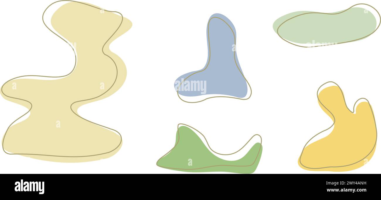 Set of organic irregular blob shapes with stroke line. Yellow random ...