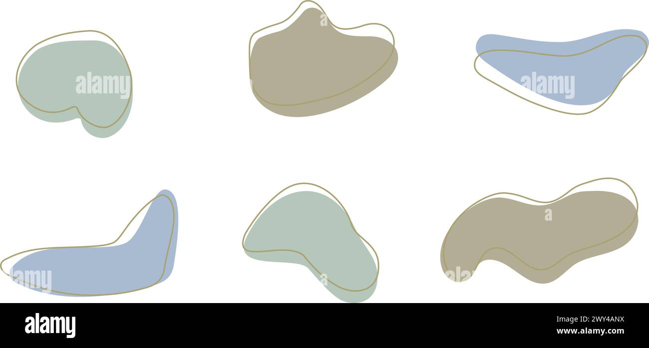 Set of organic irregular blob shapes with stroke line. Blue gray random deform spot fluid circle ...