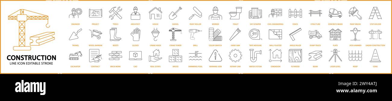 Construction icons. Construction line icons. Construction icon set. Vector illustration ...