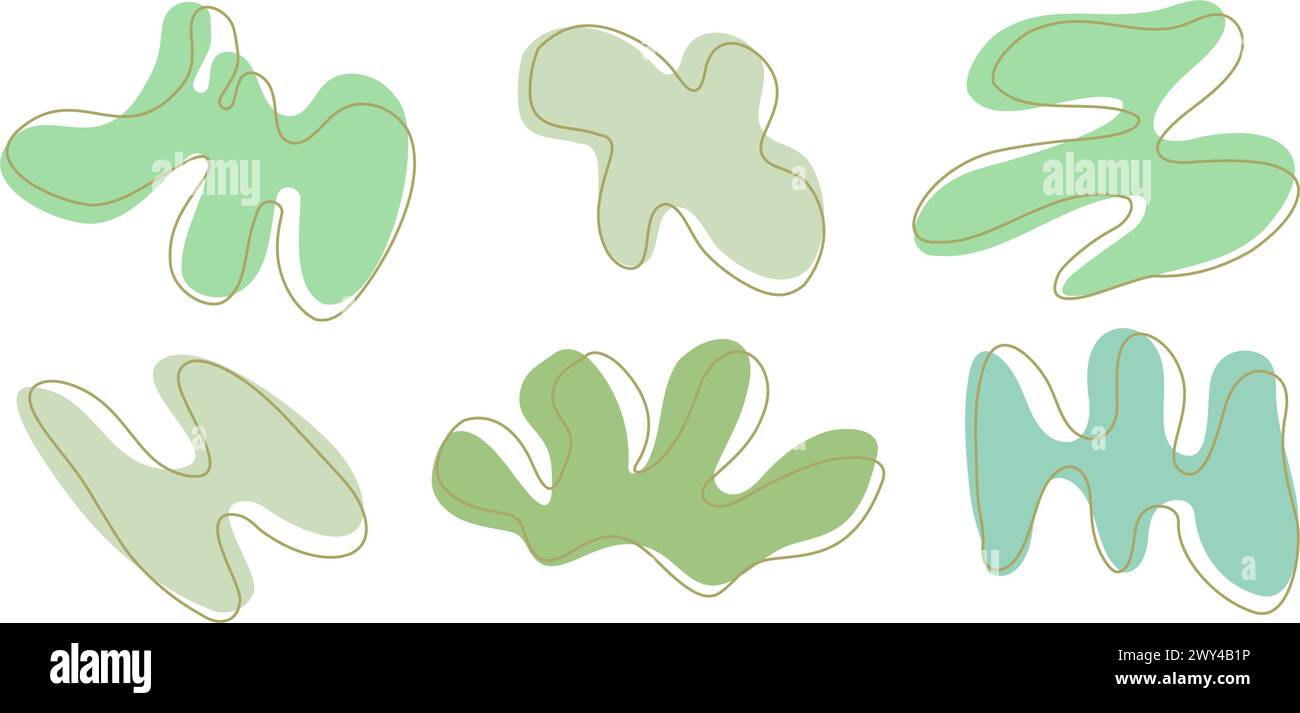 Set of organic irregular blob shapes with stroke line. Green gray ...