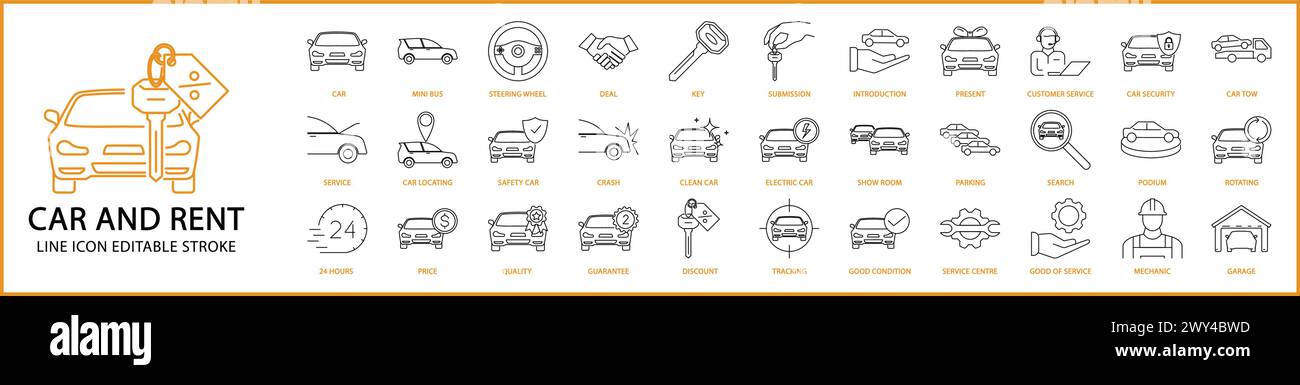 Car Rent icons. Car rent line icons. Car rent icon set. Vector ...