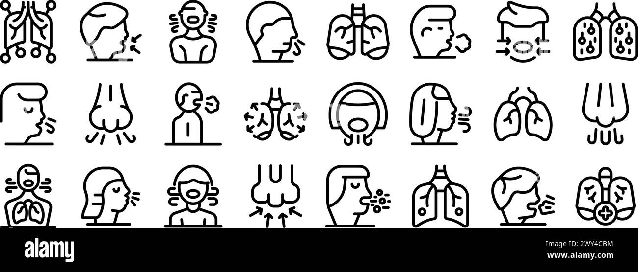 Deep breath icons set outline vector. Exercise abdominal. Mind face ...