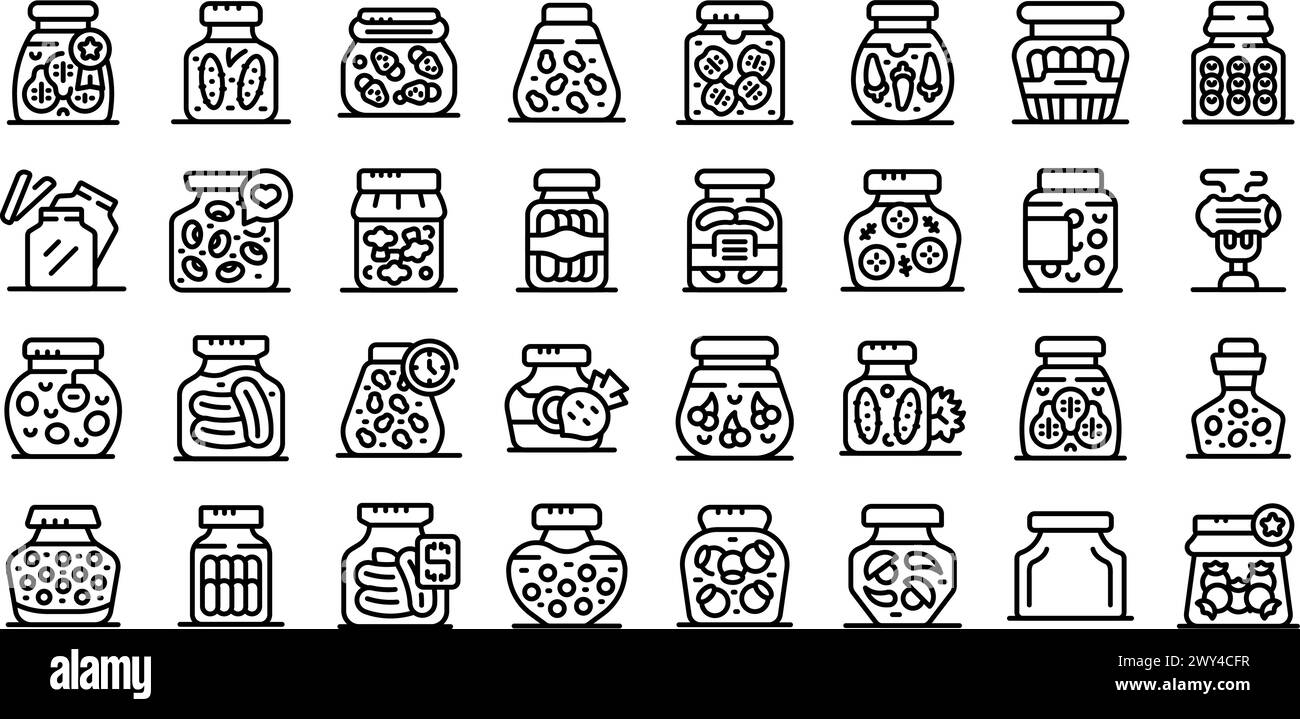 Pickled food jars icons set outline vector. Can product. Vegetable ...