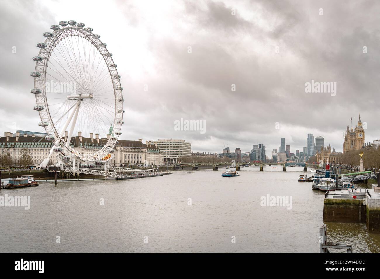 A view of the Southbank, along the River Thames, past The London Eye ...
