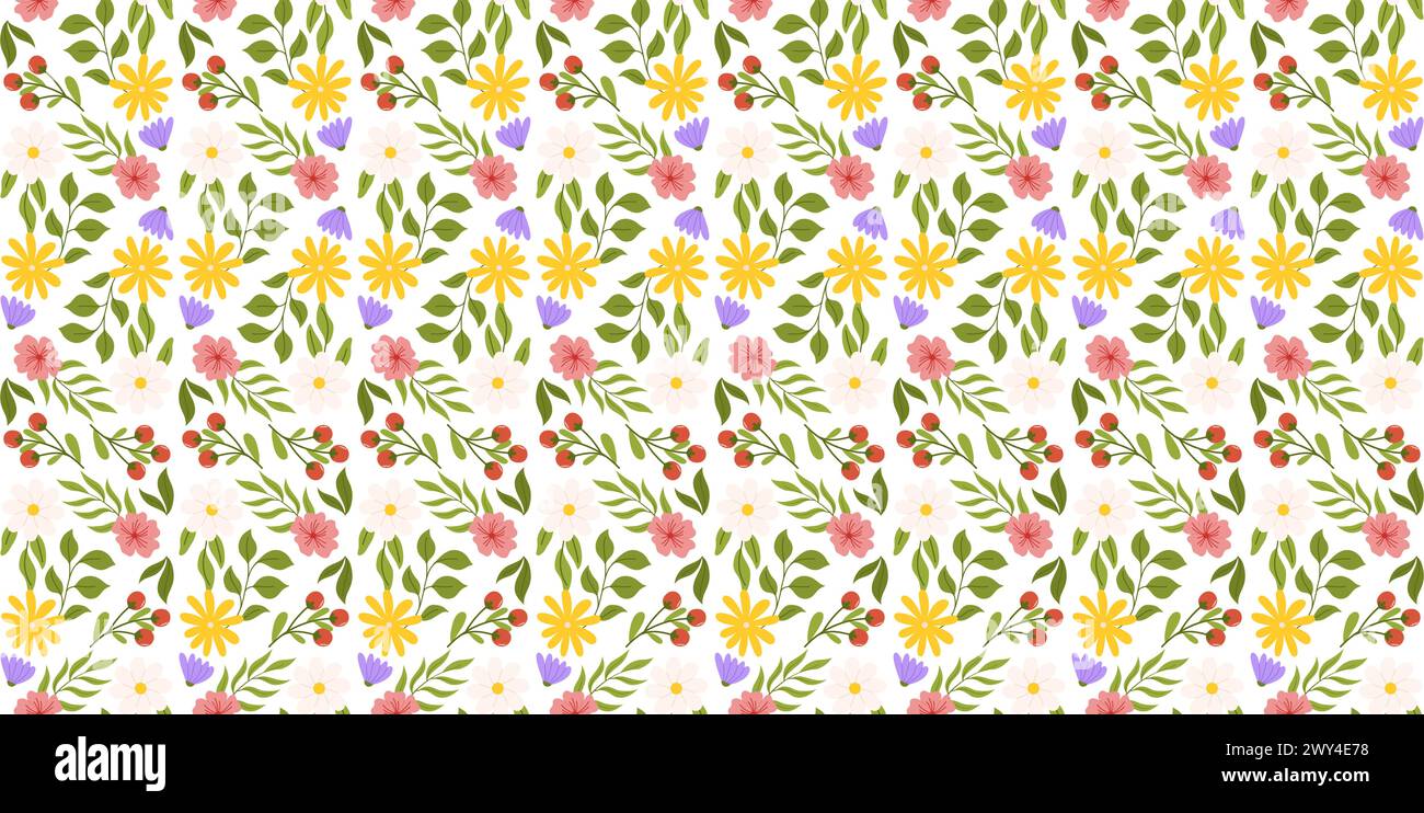 Seamless arrangement featuring floral elements. Botanical-inspired repeated pattern with white ...