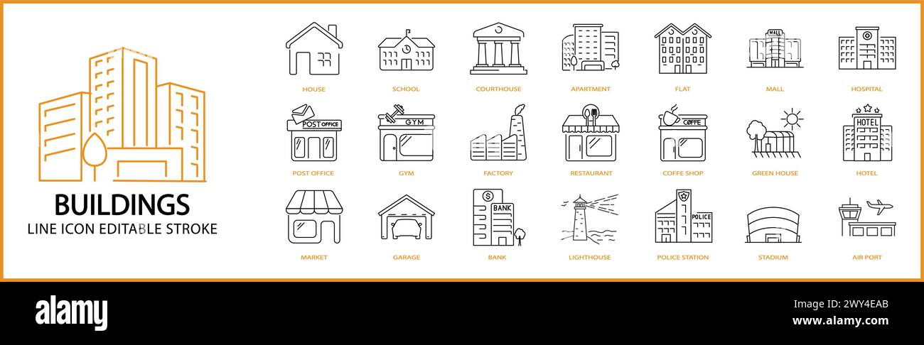 Building line icons. Building set icon. Building icon set. Vector illustration. Editable stroke ...