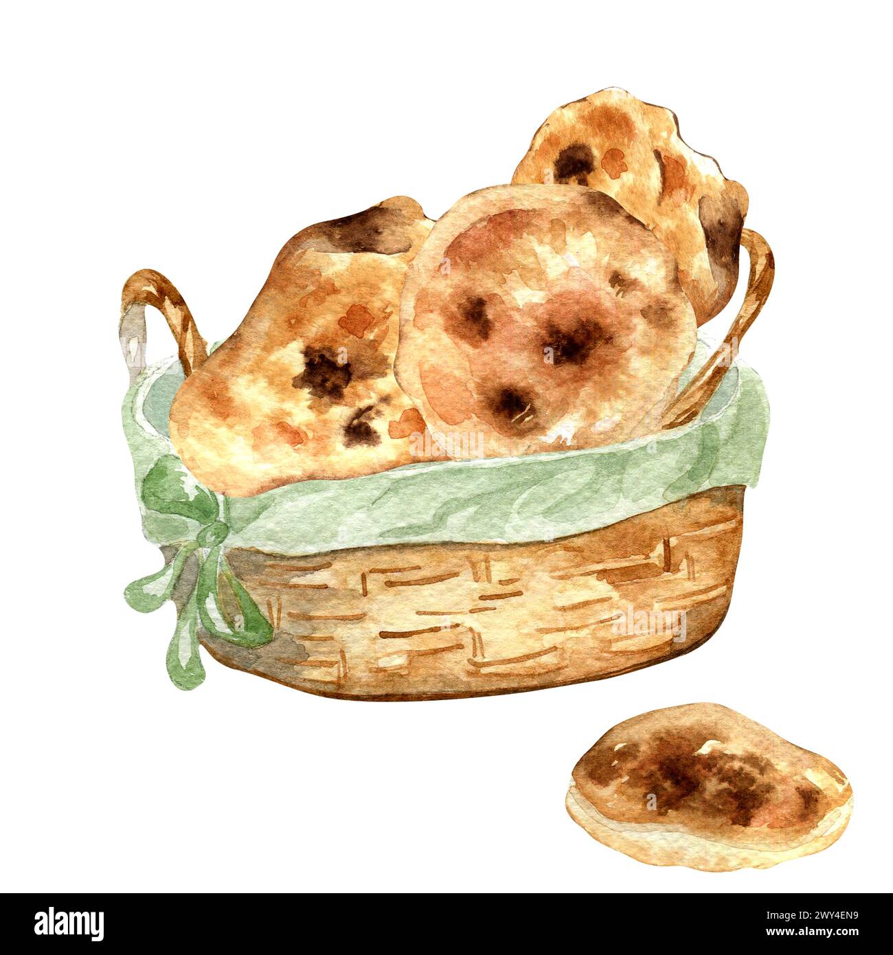 Pitta bread in a straw basket watercolor illustration isolated on white ...