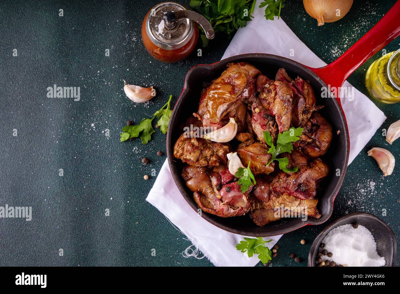 Fried chicken, turkey, duck, poultry liver, Baked diet meat food with ...