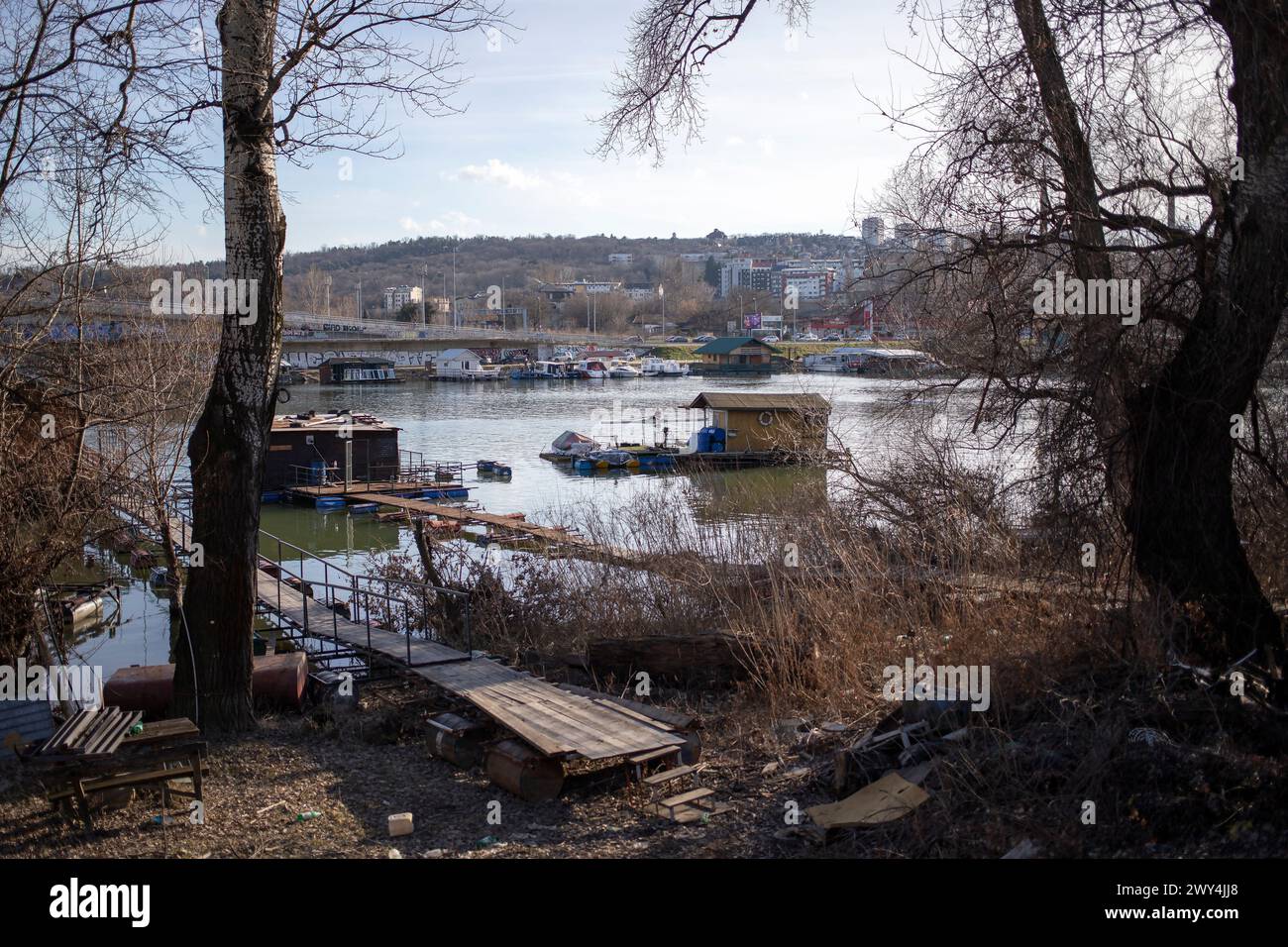 Serbia - The bank of the Sava River in Belgrade with floated houses ...