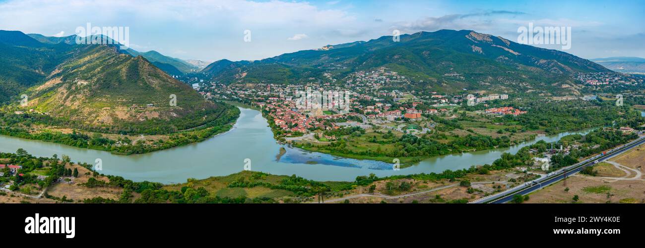 Panorama view of Mtskheta at confluence of Mtkvari and Kura rivers in ...