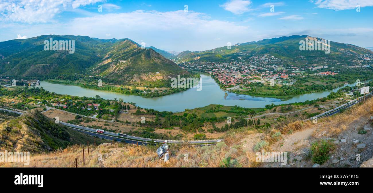 Panorama view of Mtskheta at confluence of Mtkvari and Kura rivers in ...