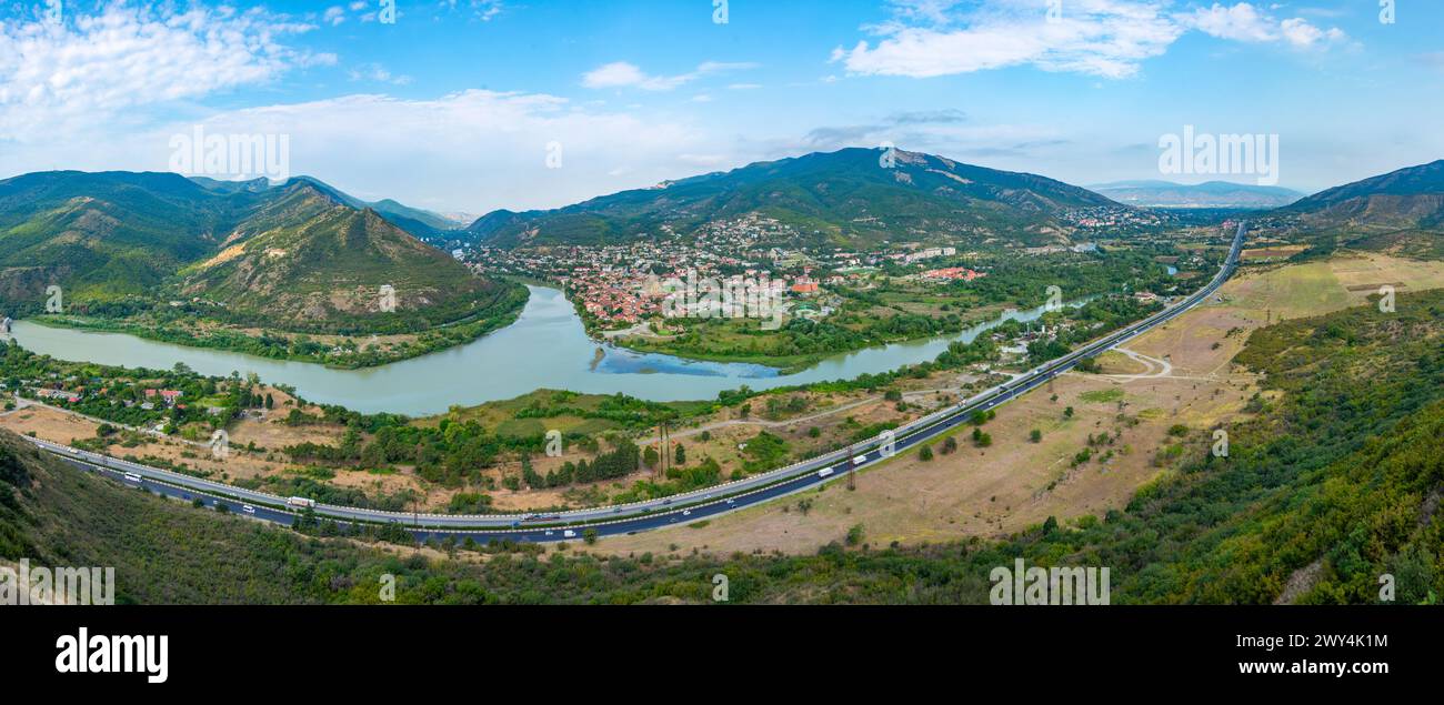 Panorama view of Mtskheta at confluence of Mtkvari and Kura rivers in ...