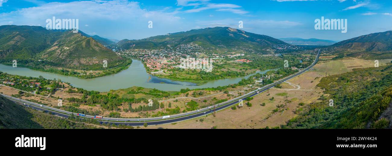 Panorama view of Mtskheta at confluence of Mtkvari and Kura rivers in ...