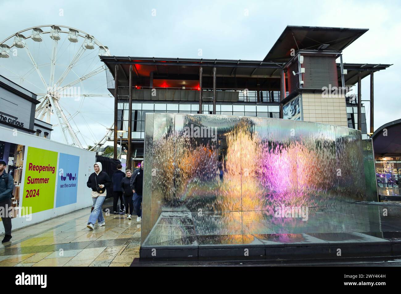 Bristol, England- March 28, 2024: Modern Millennium Square with water ...