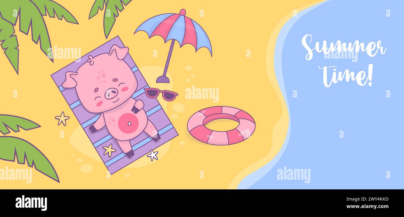 Summer time horizontal poster. Happy pig beachgoer sunbathing on ...