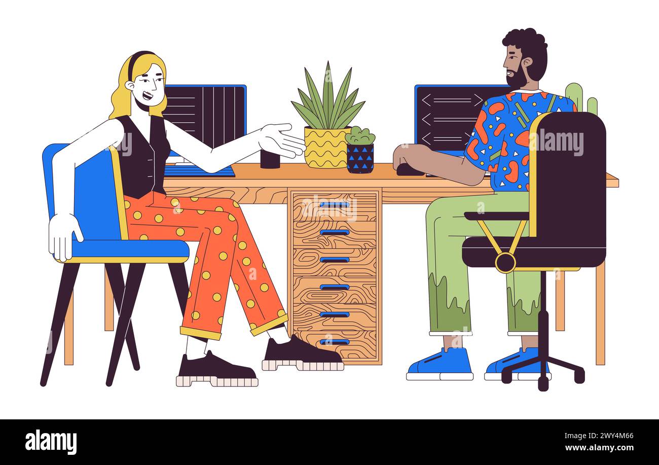 Colleagues sharing workplace 2D linear cartoon characters Stock Vector ...