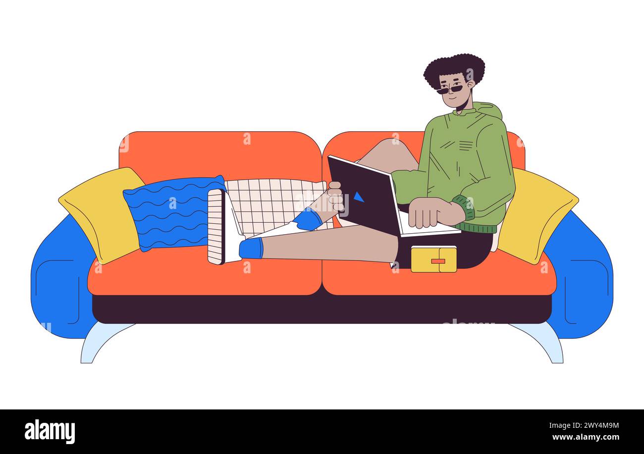 Hispanic man with laptop sitting on sofa 2D linear cartoon character ...