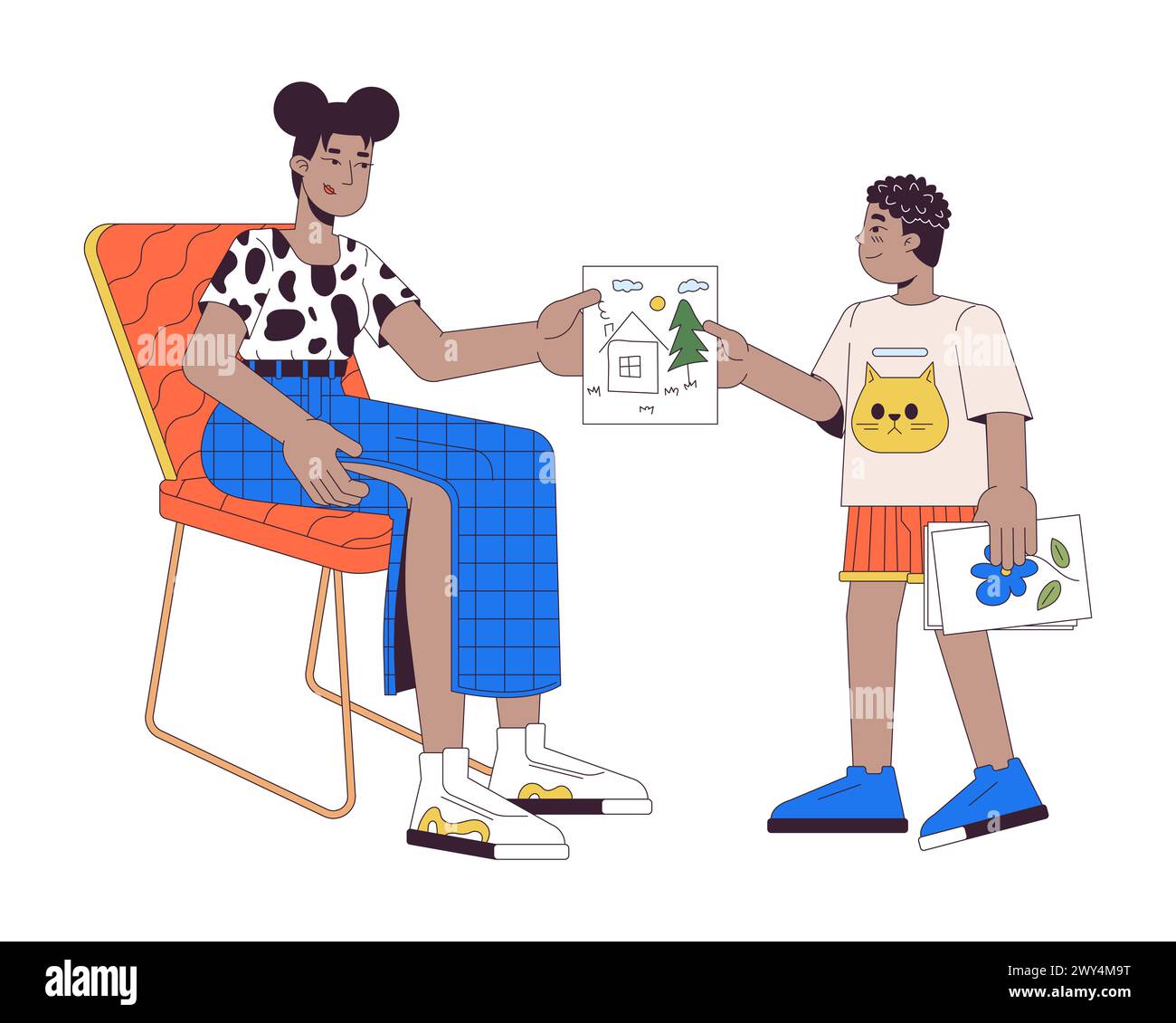 Little son giving picture to mother 2D linear cartoon characters Stock ...