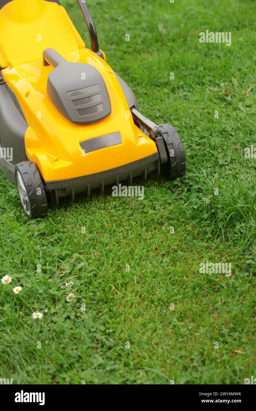 Yellow lawn mower on the spring green grass in the yard Stock Photo - Alamy