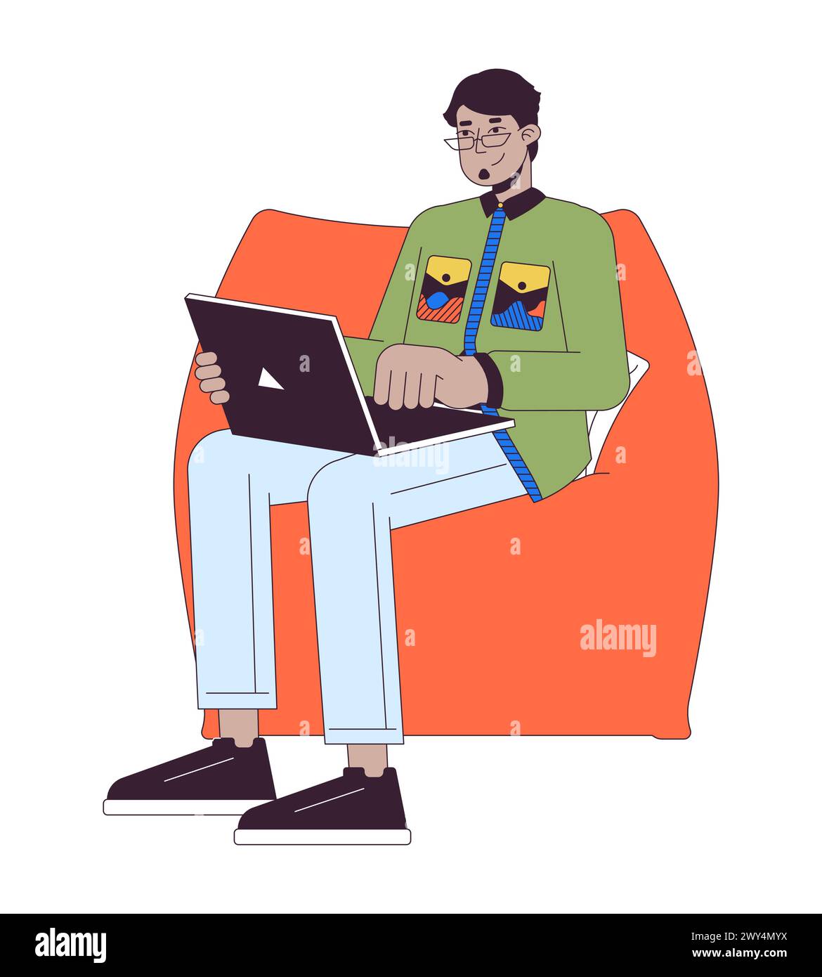 Arab male with laptop sitting in beanbag chair 2D linear cartoon ...
