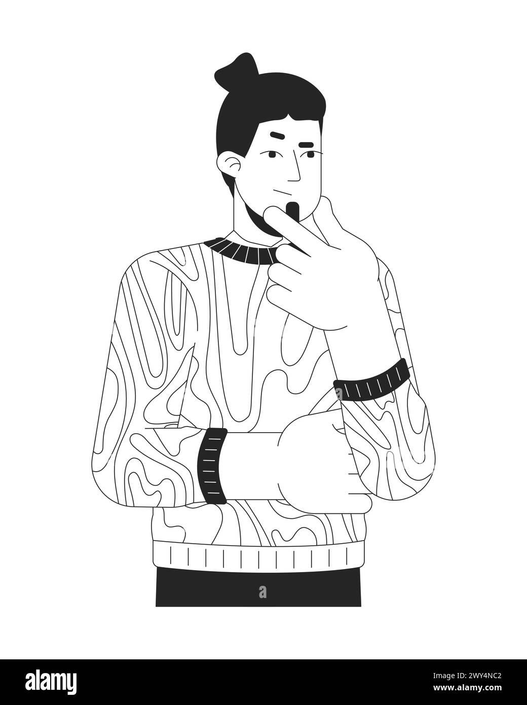 Pensive man with finger on chin black and white 2D line cartoon character Stock Vector Image ...