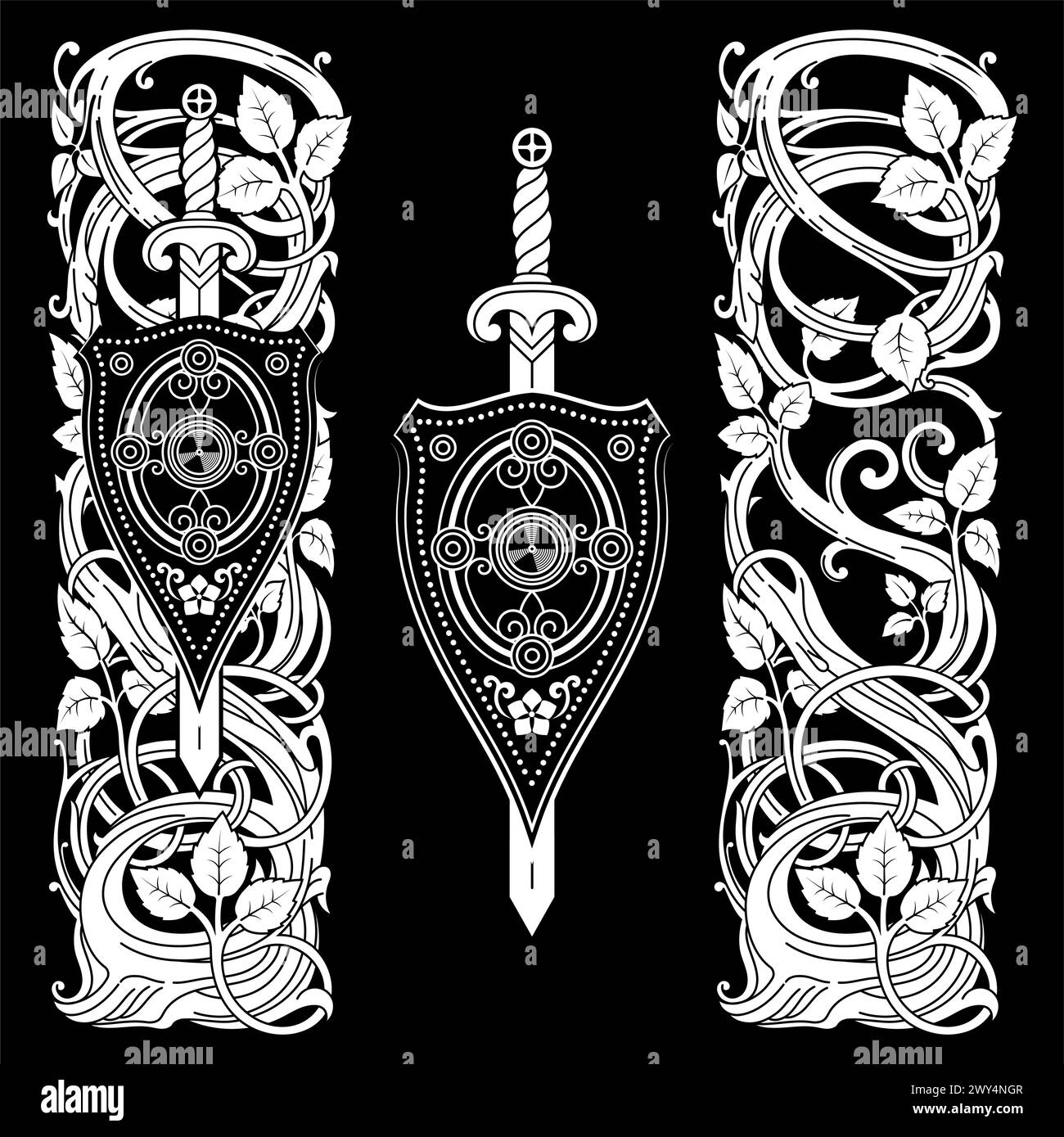 Design in a medieval knightly style. Knightly shield and sword in a ...