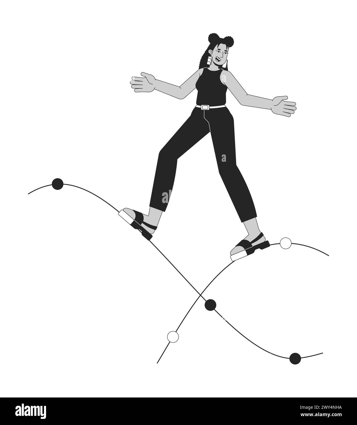 Hispanic woman standing on chart waves black and white 2D line cartoon ...