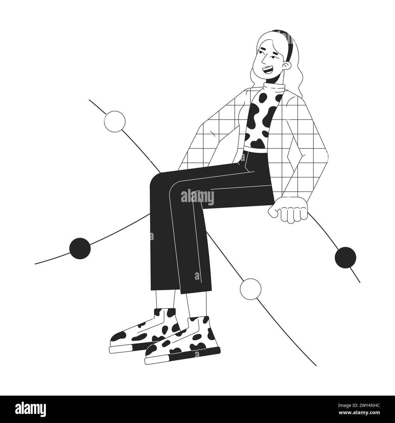 Blonde female sitting on charts black and white 2D line cartoon ...