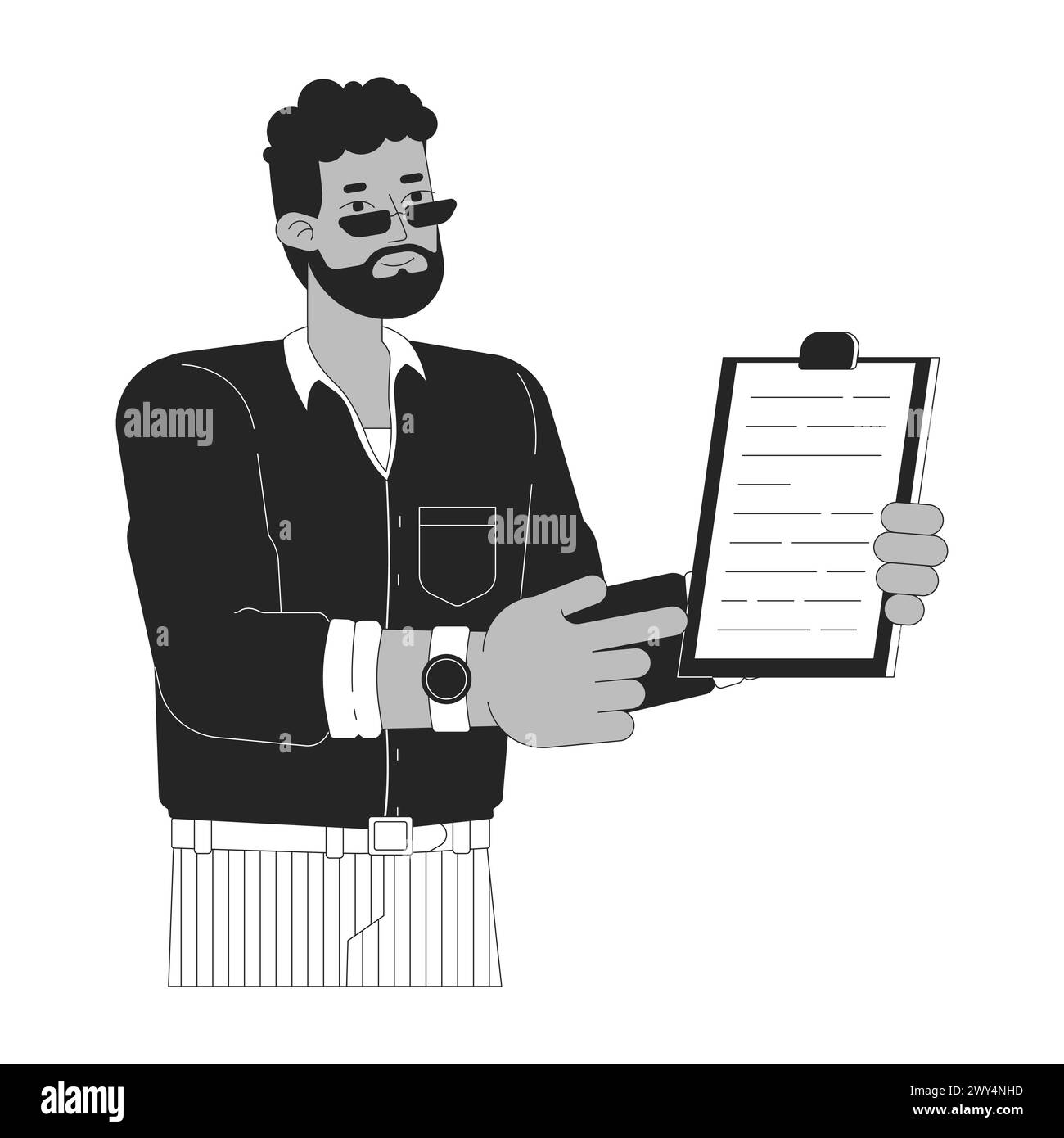 Black man showing clipboard black and white 2D line cartoon character Stock Vector Image & Art ...