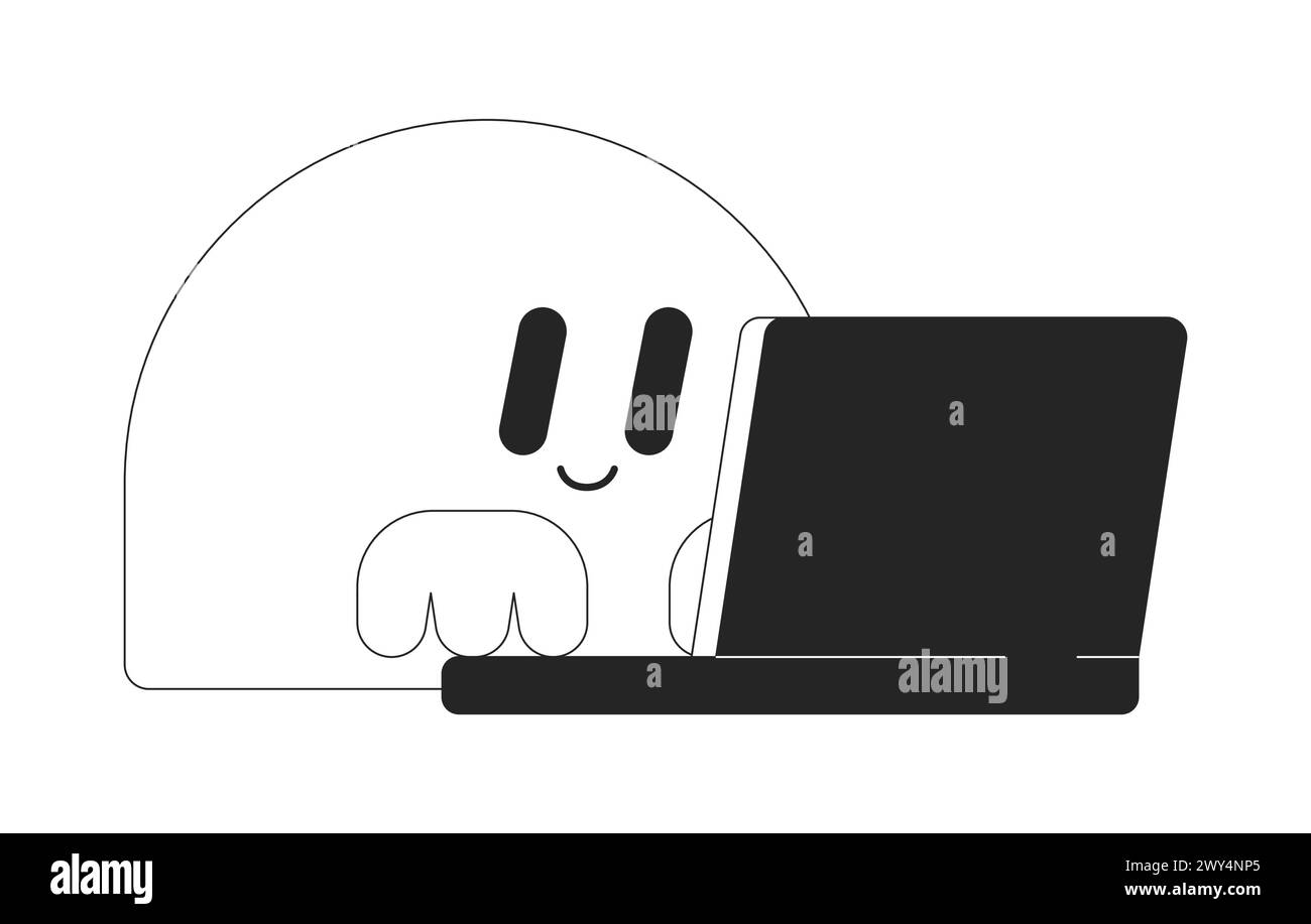 Semicircle figure typing laptop black and white 2D line cartoon ...