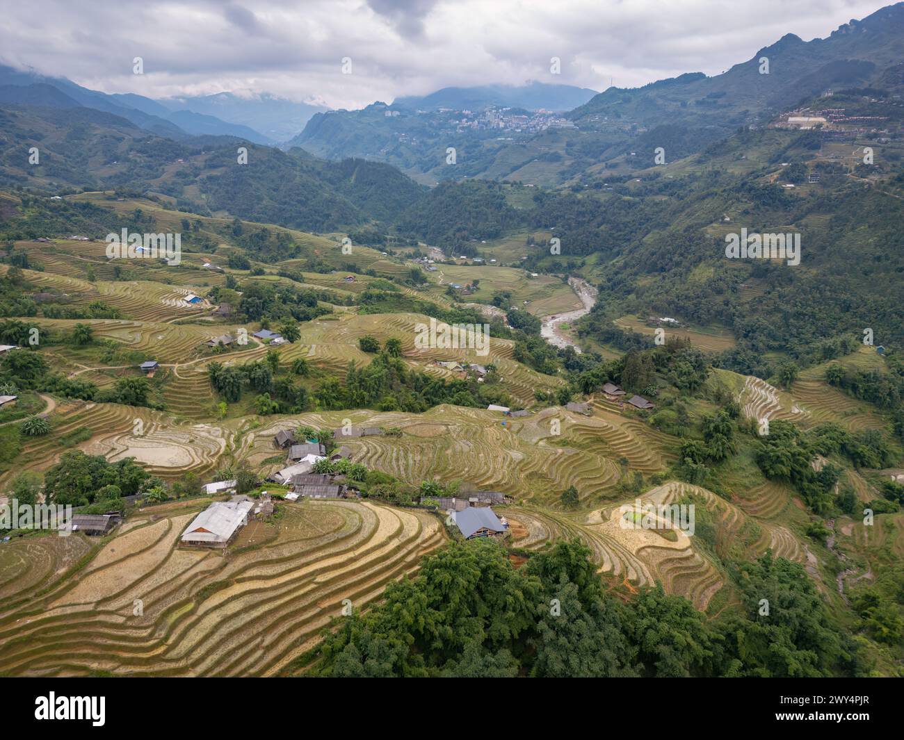 An aerial perspective of the iconic Sa Pa rice terraces in Vietnam ...
