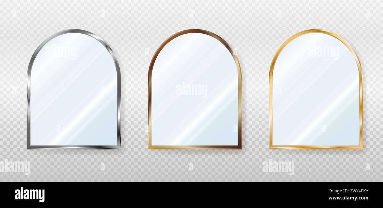 Realistic semi-oval mirrors in metal, bronze and gold frames. 3d vector ...