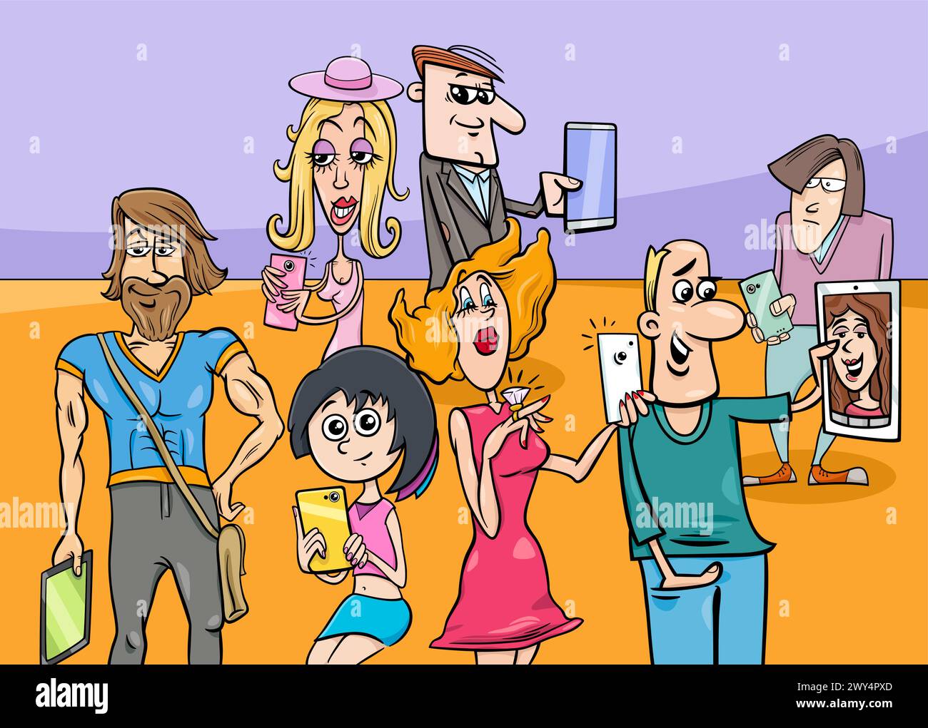 Cartoon illustration of people group with smart phones or tablets and ...